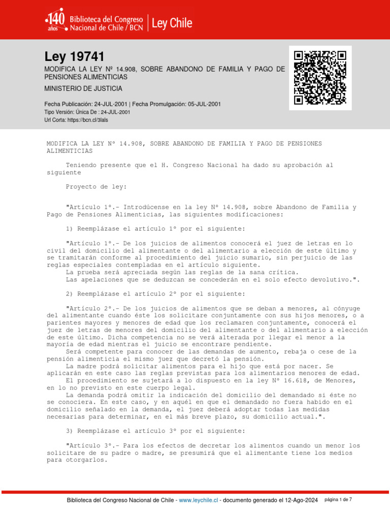 Ley 19741 - 24 Jul 2001 | PDF | Pensión alimenticia | Demanda judicial