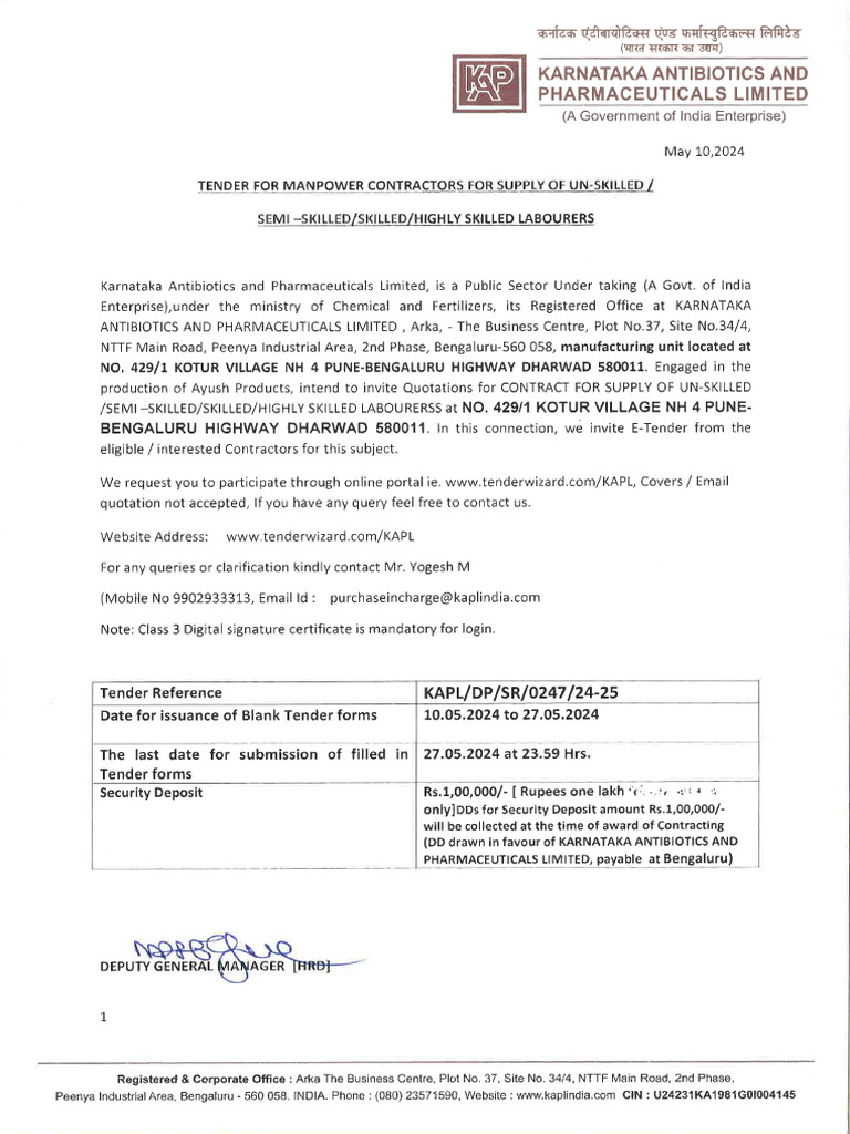 E Tender Manpower Suply Dharwad May 2024 | PDF