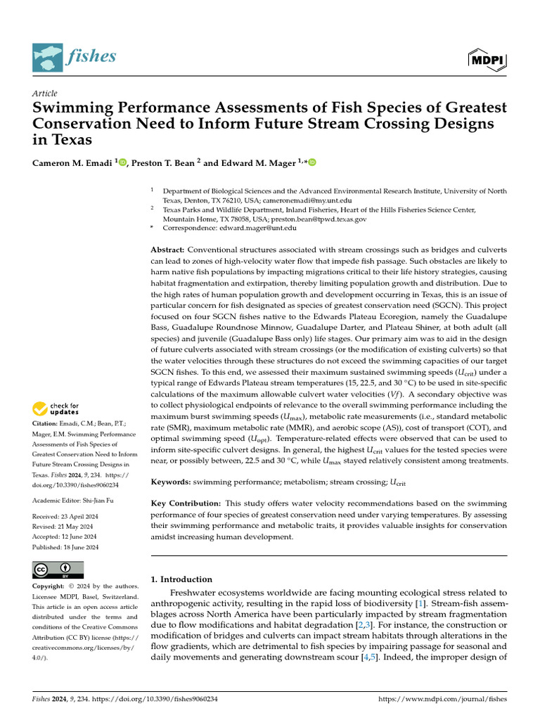 Swimming Performance Assessments of Fish Species o | PDF | Conservation ...