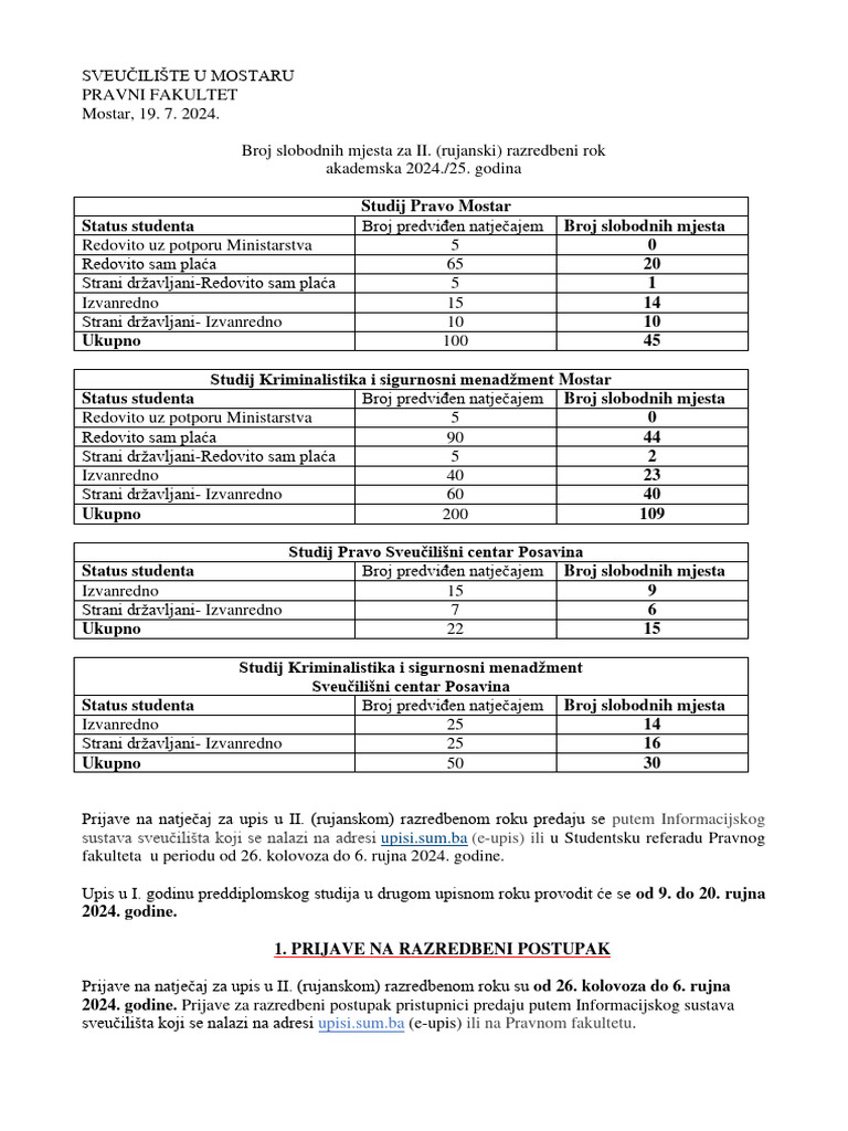 Broj Slobodnih Mjesta Za Drugi Upisni Rok 2024 25 | PDF