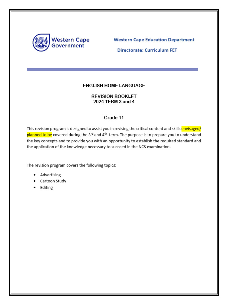 Revision - 2024 - Grade 11 English Home Language - Term 3 and 4 | PDF ...