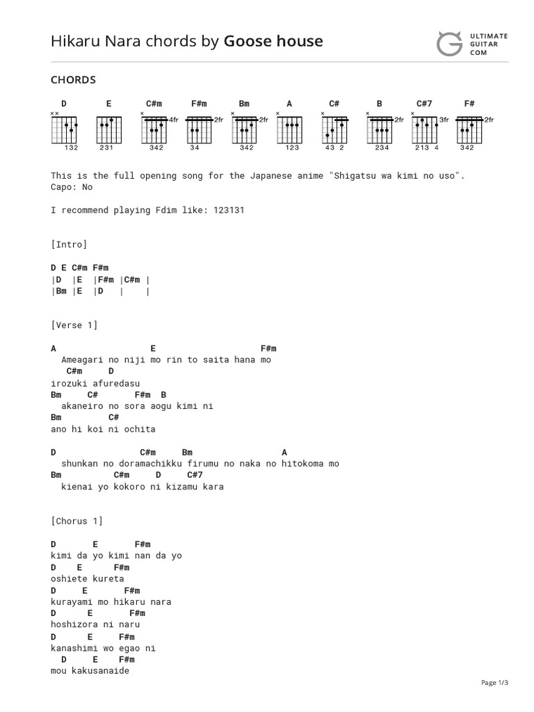 Hikaru Nara Chords and Lyrics Guide | PDF