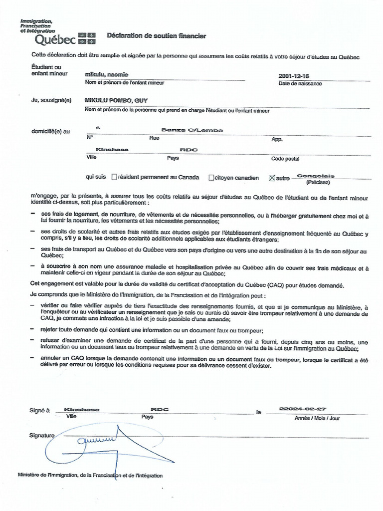 Declaration de Soutien Financier Naomie | PDF