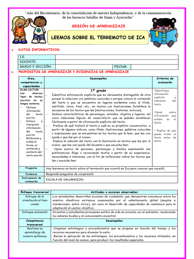1º U5 S2 Sesion D4 Plan Lector Leemos Sobre El Terremoto en Ica | PDF ...