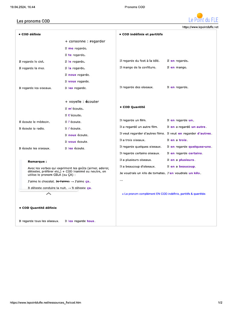 Pronoms COD Définis Indéfinis | PDF