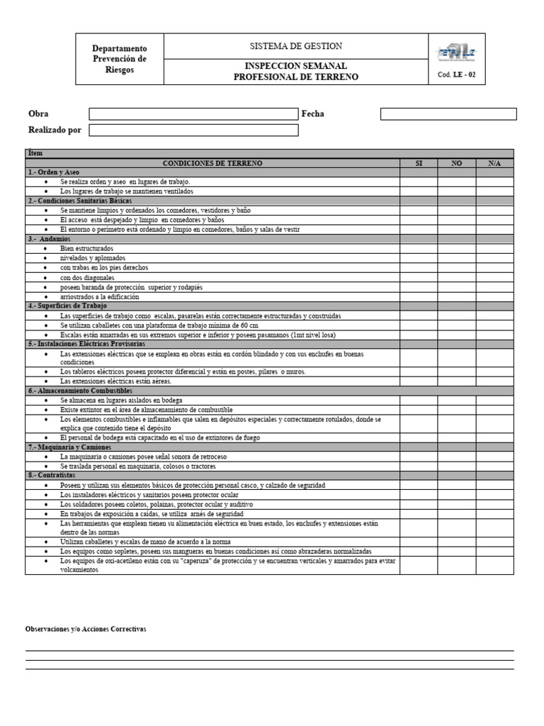 PZ - 44 Inspeccion SEMANAL Profesional en Terreno | PDF