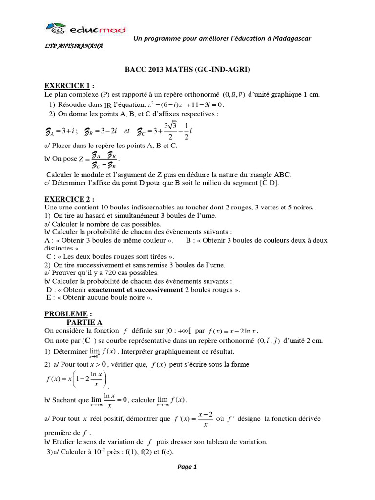Sujet Bacc Maths 2013 | PDF | Fonction (Mathématiques) | Asymptote