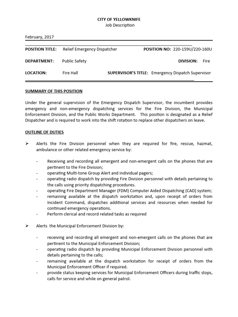 Relief Emergency Dispatcher Job Description.5c64a3d74684c | PDF ...