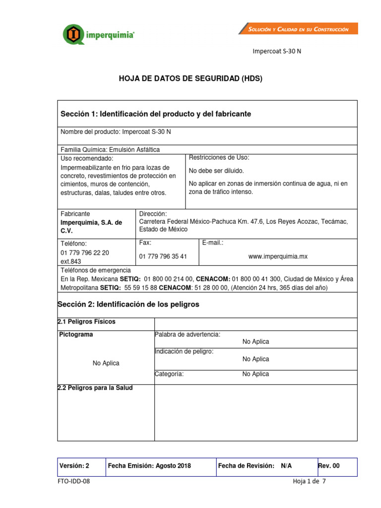 HDS Impercoat S 30 N 1 | PDF | Agua | Residuos