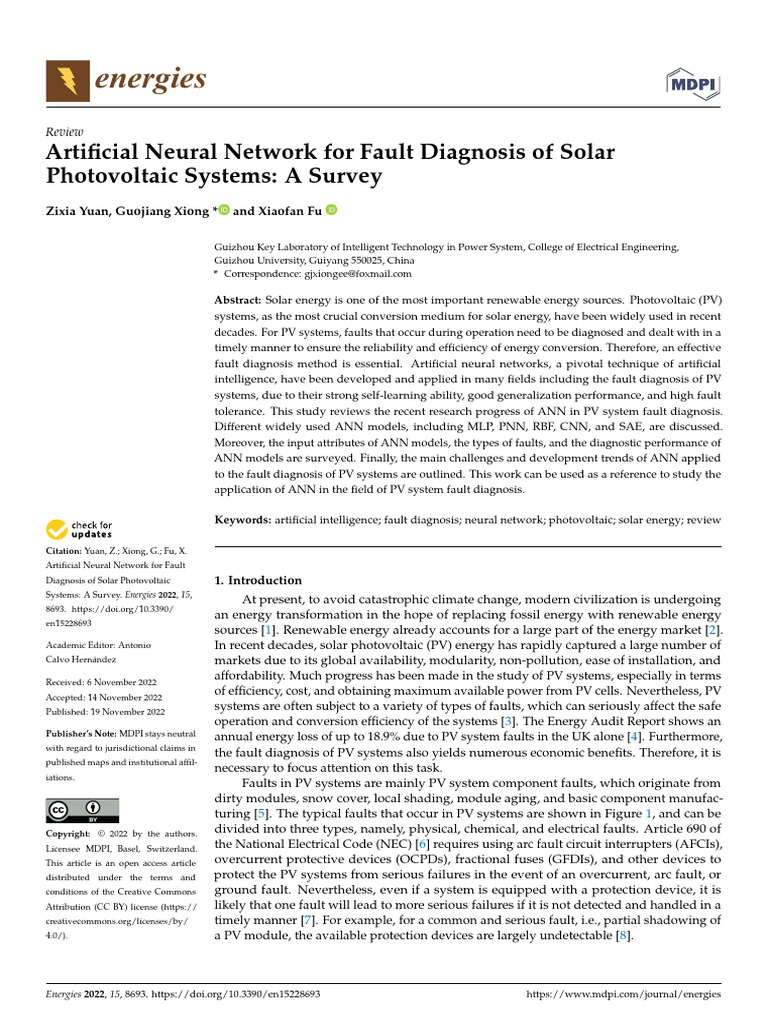 Artificial Neural Network For Fault Diagnosis Of Solar Photovoltaic Systems A Survey Pdf