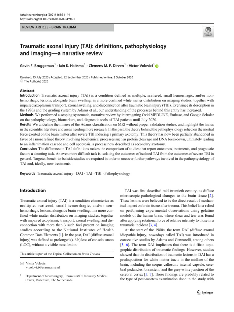 Traumatic Axonal Injury (TAI) - Definitions, Pathophysiology and ...