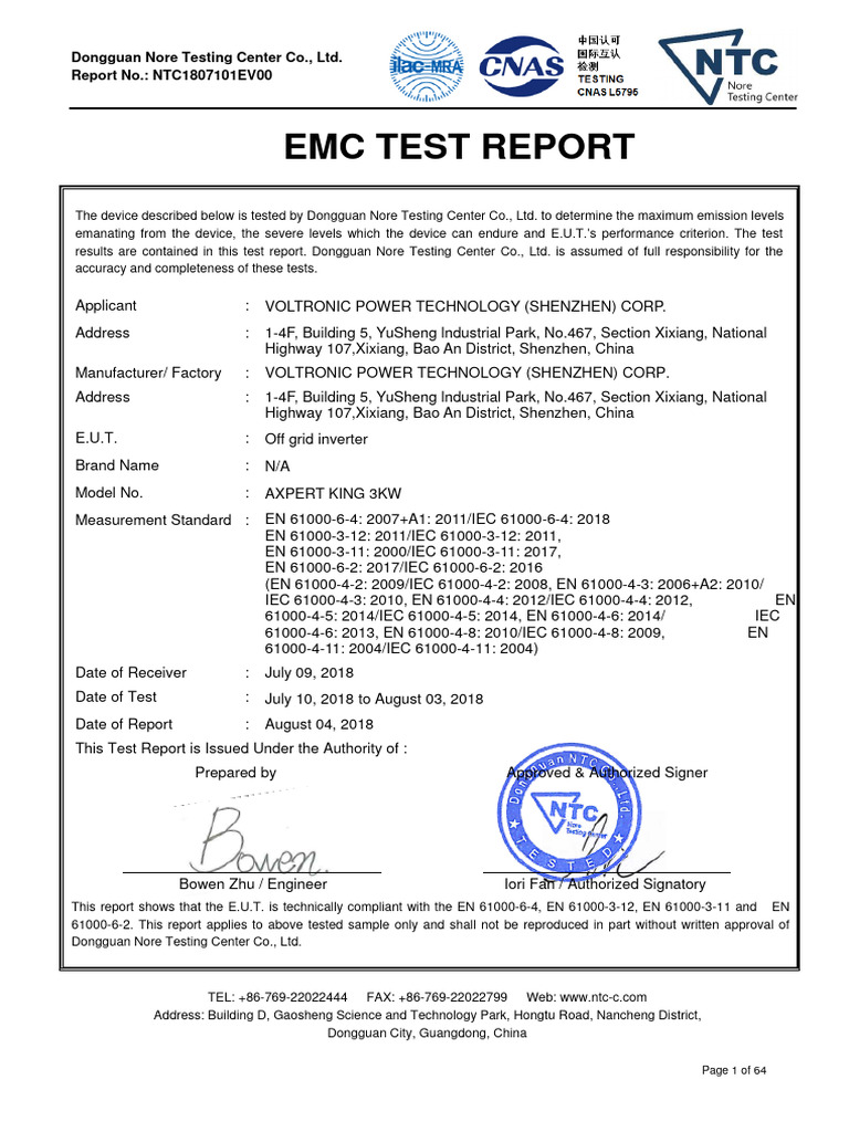 NTC1807101EV00 日月元研一 Off grid inverter AXPERT KING 3KW IEC EN61000-6-4 ...