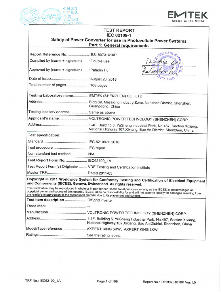 ES180731010P IEC62109 V2.0-Test Report | PDF | Fuse (Electrical ...