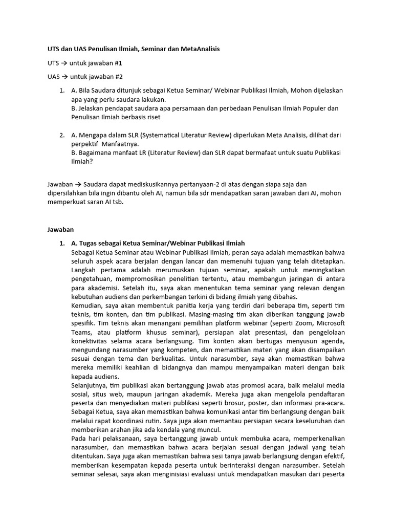UTS Dan UAS Seminar Penulisan Ilmiah Dan Metaanalisis S2 2024 | PDF