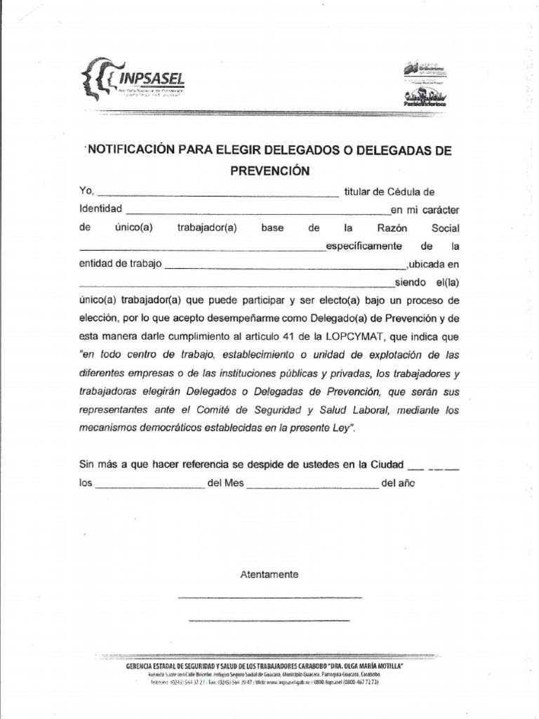 Formatos INPSASEL Delegado de Prevencion y Representante Del Patrono | PDF
