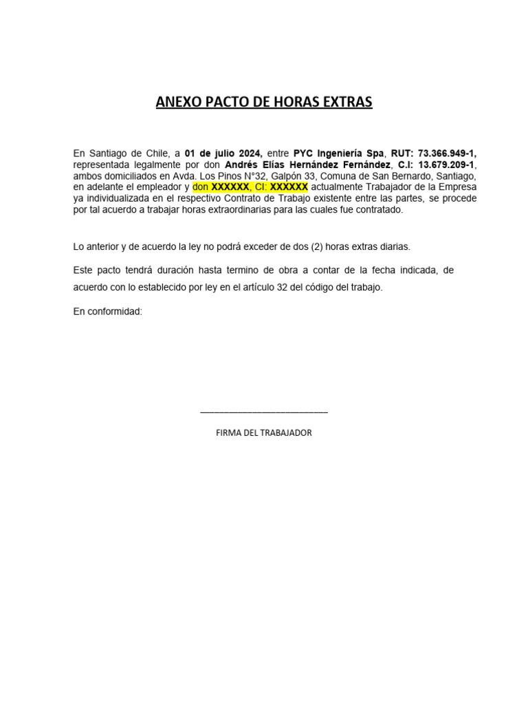 Anexo Tipo Pacto de Horas Extras | PDF