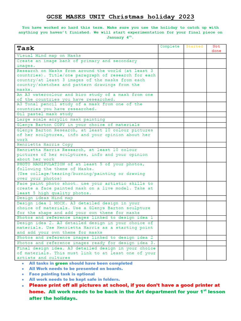 Masks Unit Tick List CHRISTMAS 2023 | PDF | Language Arts & Discipline ...
