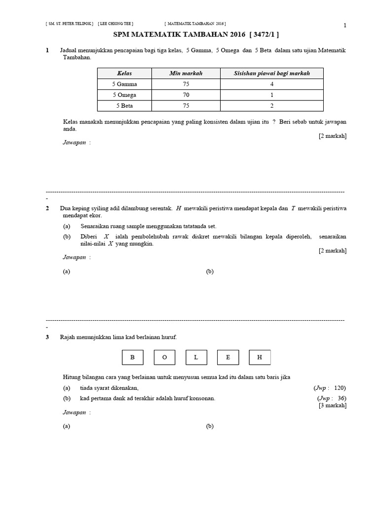 SPM Matematik Tambahan 2016 (3472/1) : Kelas Min Markah Sisishan Piawai ...