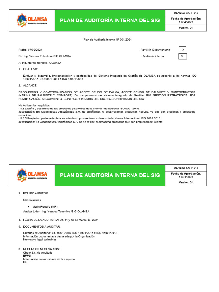OLAMSA-SIG-F-012 Plan de Auditoria Interna SIG TALLER | PDF | Auditoría | Business
