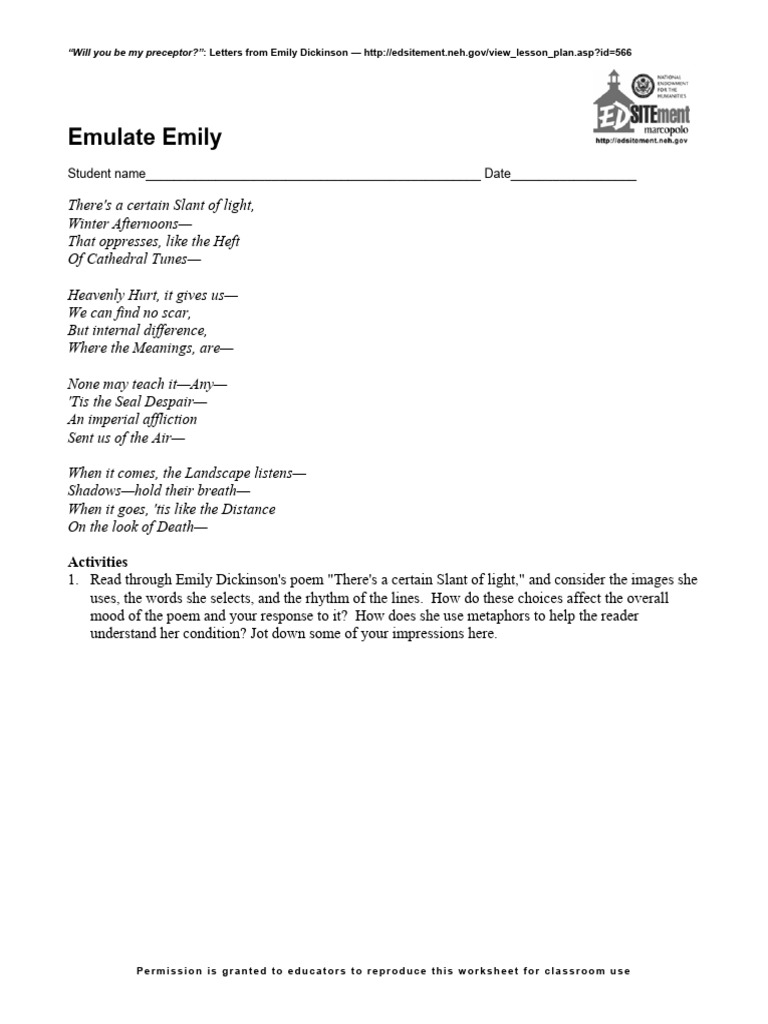 Emily Dickinson Poetry Analysis Worksheet | PDF | Linguistic Typology ...