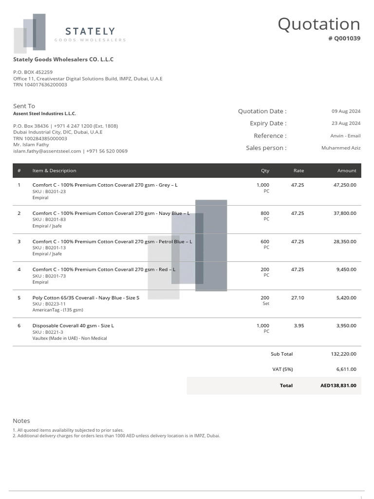 Quotation: Quotation Date: Expiry Date: Reference: Sales Person: Sent ...