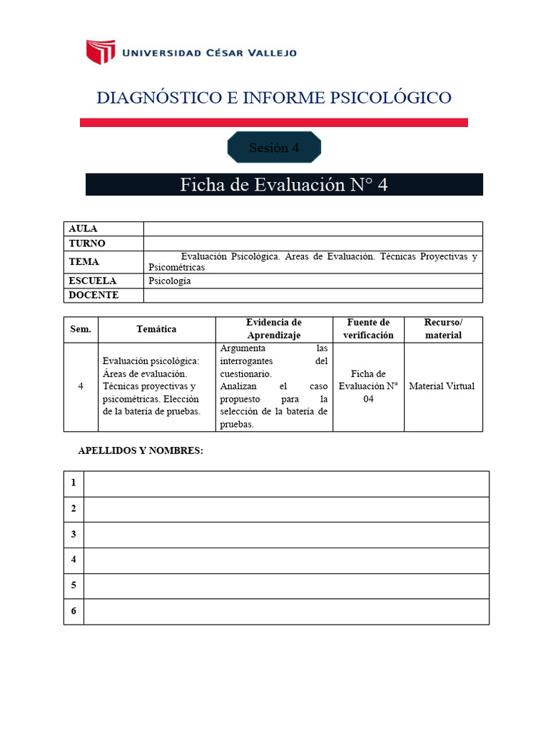 Ficha de Evaluación - Diag-Info - Sesión 4 - 2024-1 | PDF | Pensamiento | Las emociones