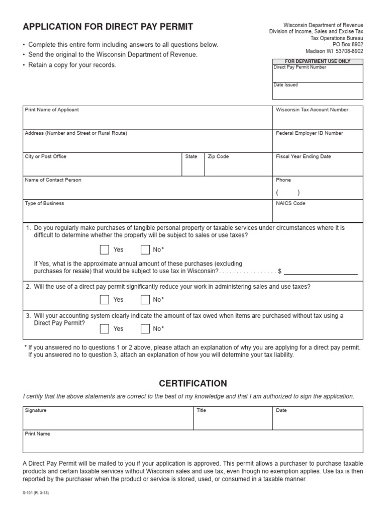 s-101 Application For Direct Pay | PDF | Use Tax | Taxes
