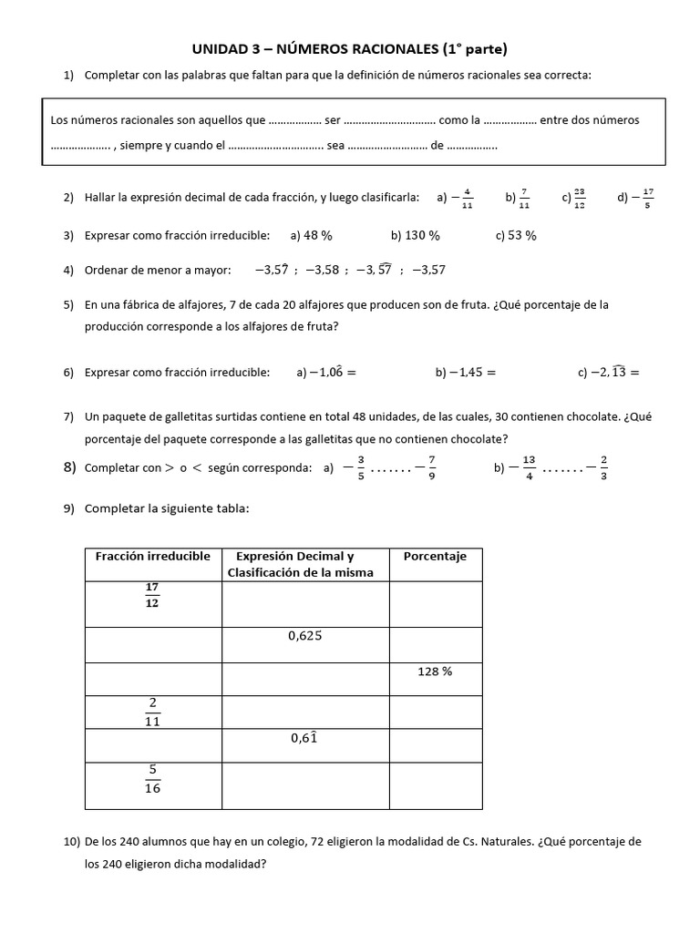 Números Racionales: Definición y Ejercicios | PDF | Número racional ...