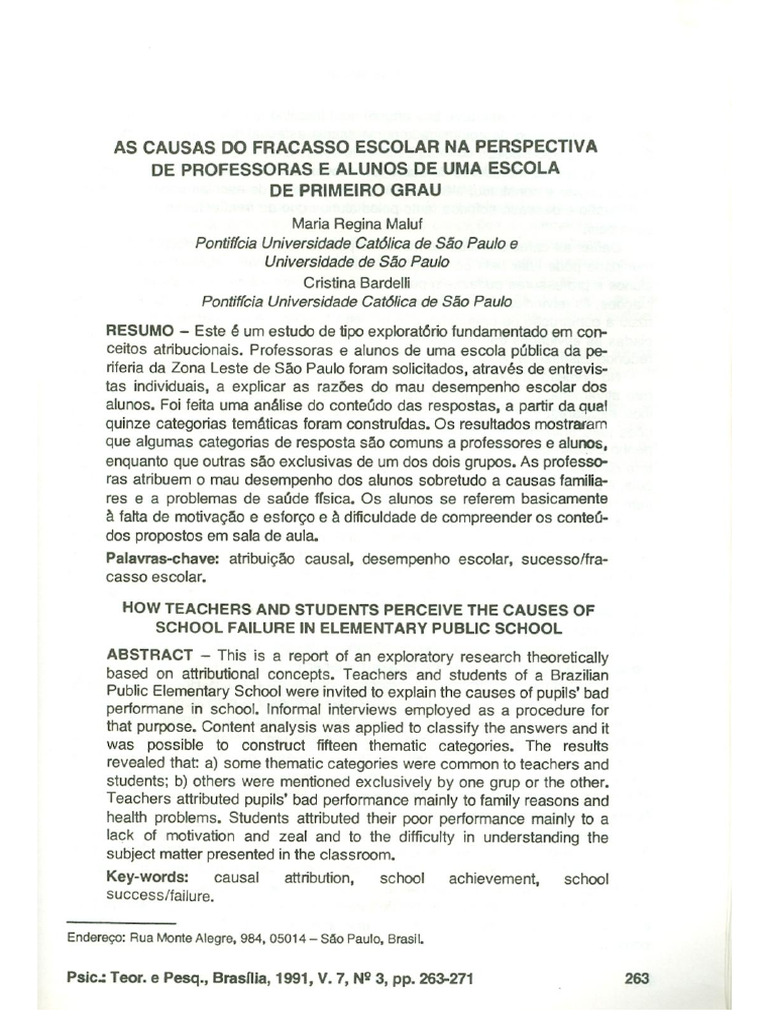 As Causas Do Fracasso Escolar Na Perspectiva de Professoras e Alunos de ...