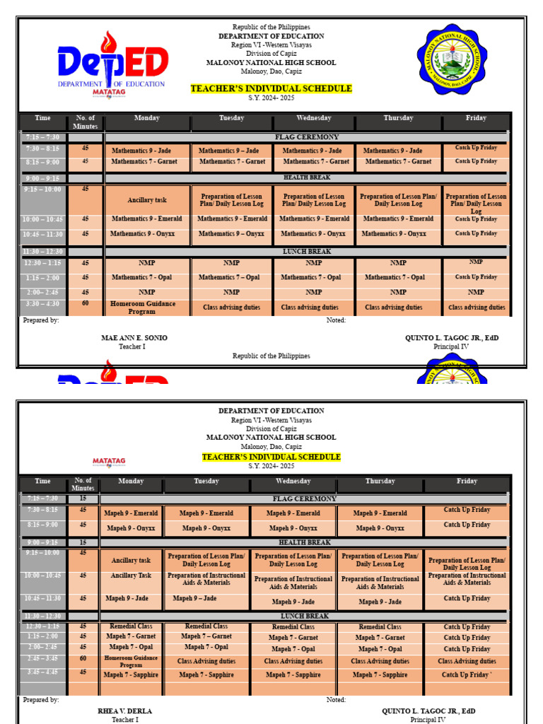 Class Schedule 2024 - 2025 | PDF | Educational Institutions ...