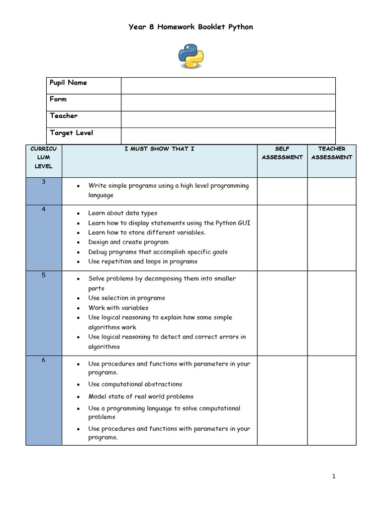 Year 8 Homework Booklet Python: Pupil Name Form Teacher Target Level ...