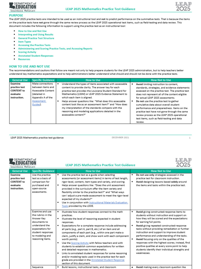 Leap 2025 Mathematics Practice Test Guidance | PDF | Educational ...
