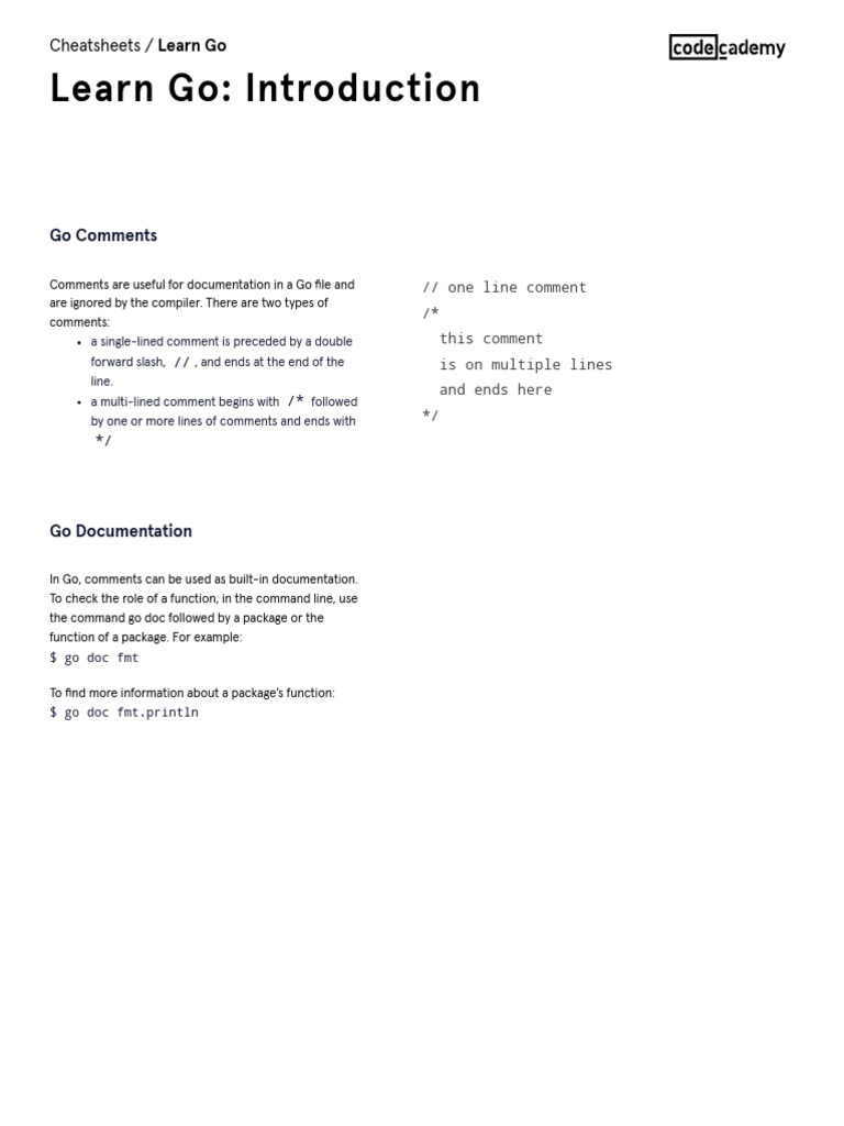 Learn Go - Learn Go - Introduction Cheatsheet - Codecademy | PDF | Source Code | Computer File