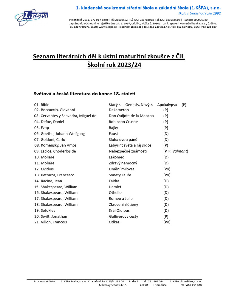 Seznam Maturitni Cetby 2023 24 | PDF