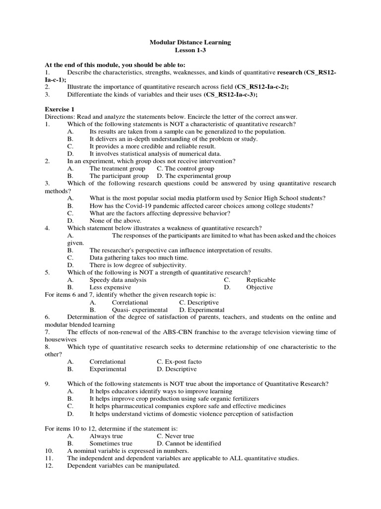Modular Distance Learning Lesson 1 3 | PDF | Quantitative Research ...