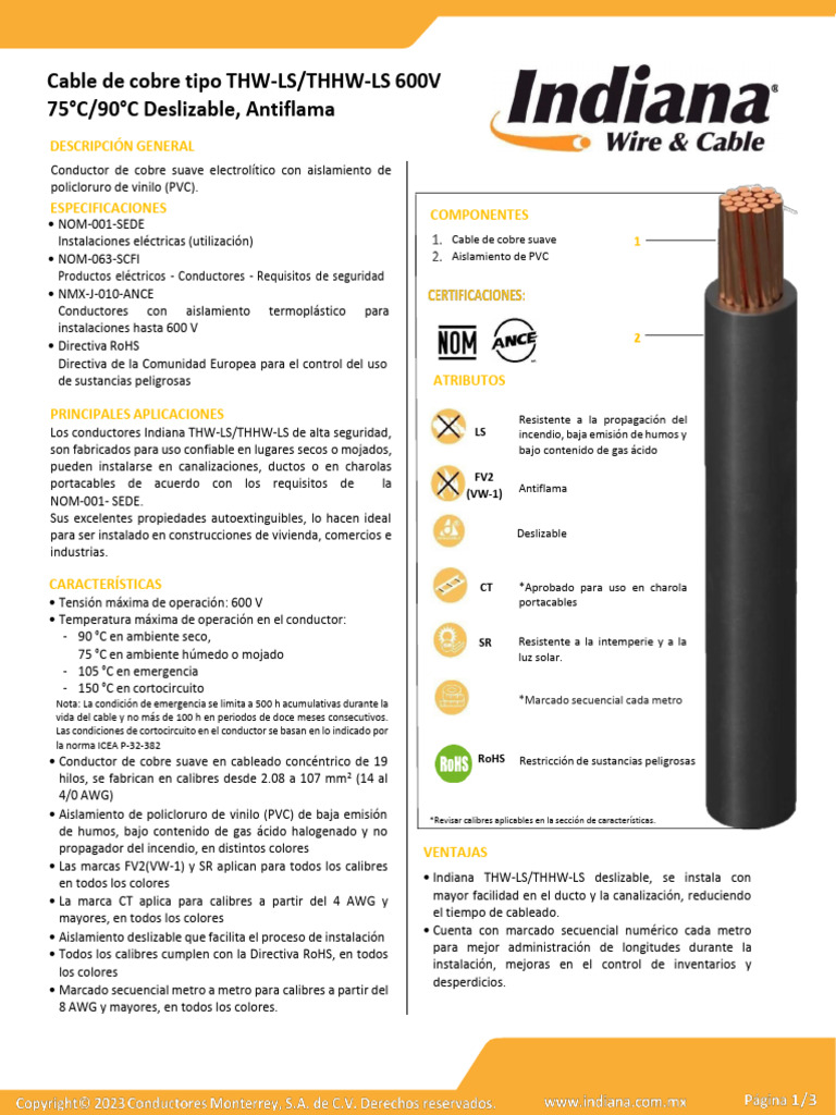 Indiana Cable THWLS-THHW-L | PDF | Aislador (Electricidad) | Cobre