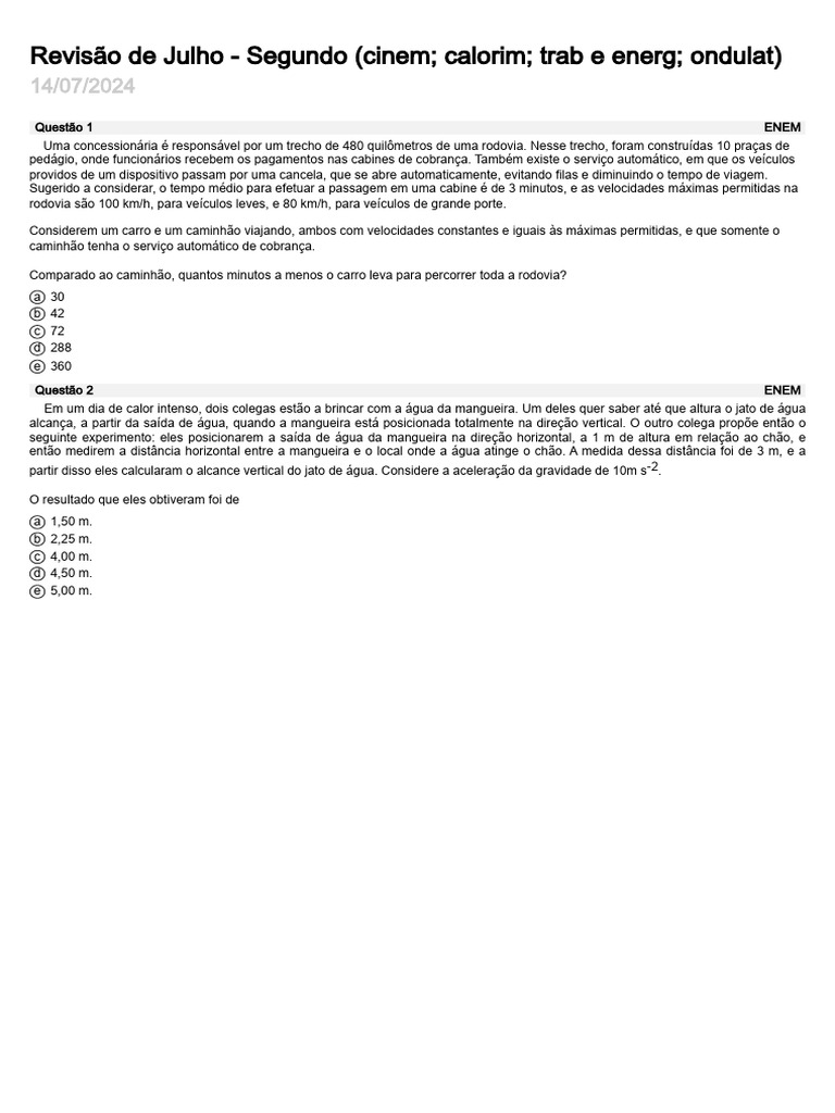 Revisao de Julho Segundo Cinem Calorim Trab e Energ Ondulat | PDF ...