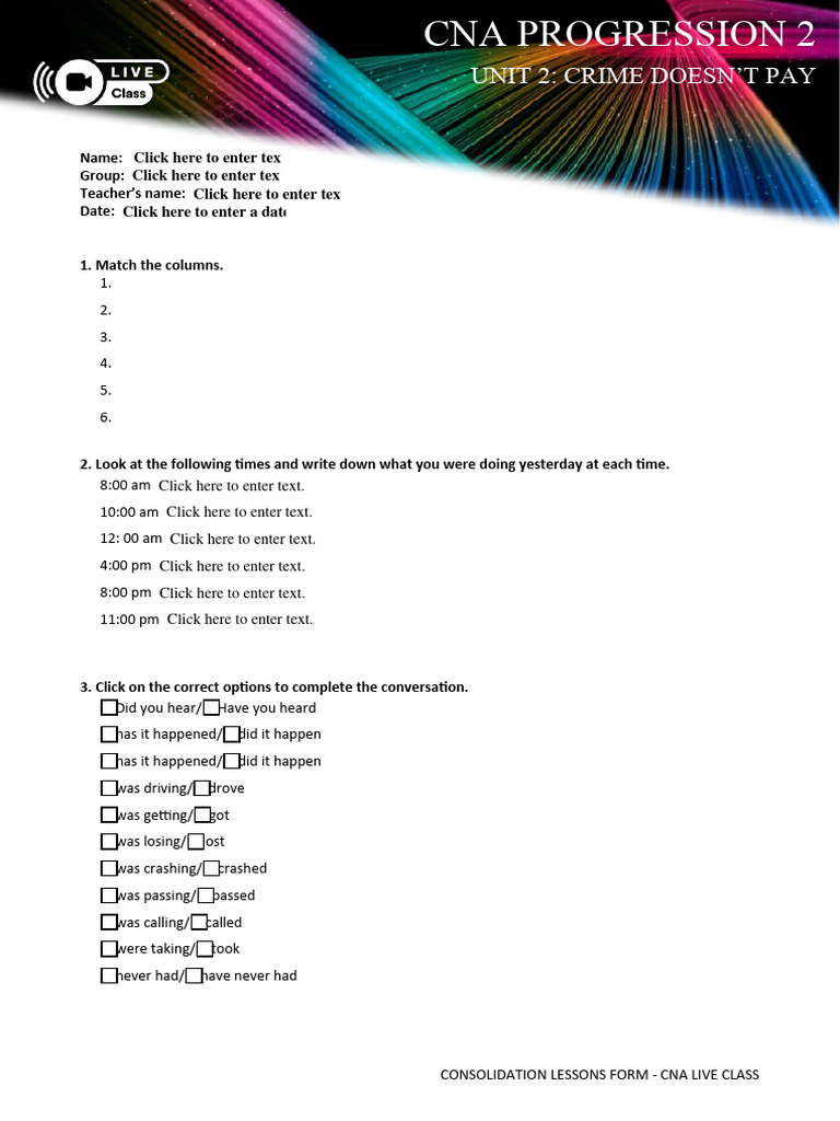 CNA Live Class - Intermediate 2 - CNA Progression 2 - Activity Book - Unit 2 | PDF