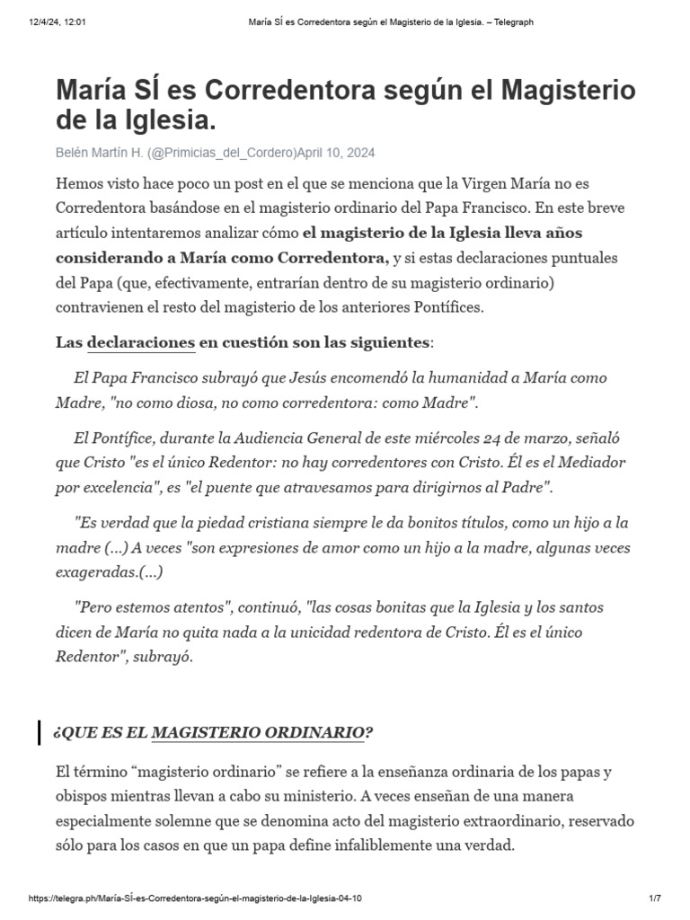María SÍ Es Corredentora Según El Magisterio de La Iglesia. - Telegraph ...