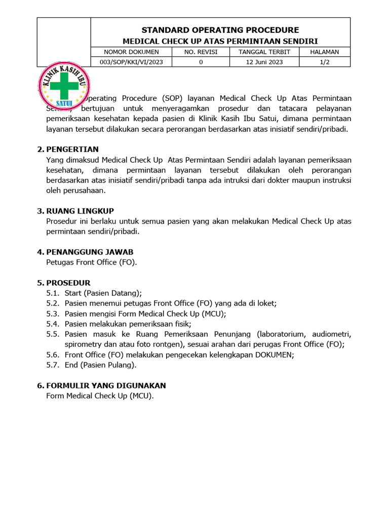 Fix 03. Sop Medical Check Up Atas Permintaan Sendiri (Aps) | PDF