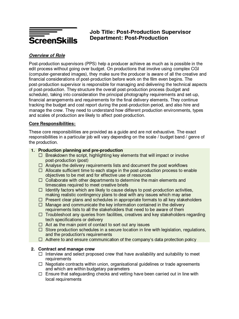 Post-Production Supervisor Responsibilities | PDF | Budget | Expense