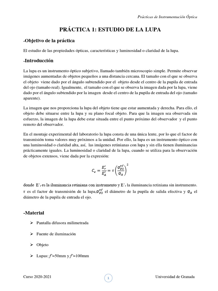 Práctica 1. Estudio de La Lupa | PDF | Óptica | Ojo