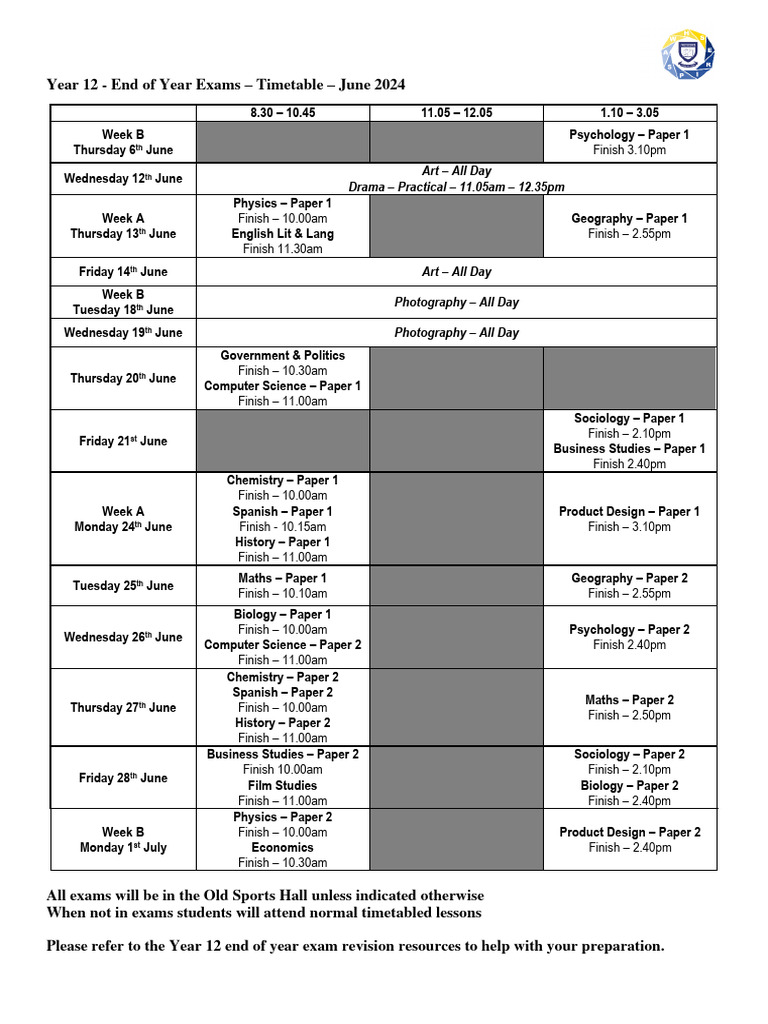 Year12EndofYearExamsTimetableApril2024Ver1pdf | PDF | Science