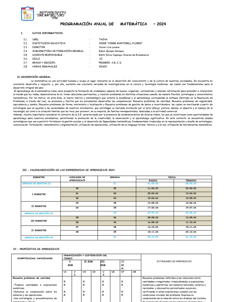 Programacion Anual 1ro Sec 2024 | PDF | Números | Ecuaciones
