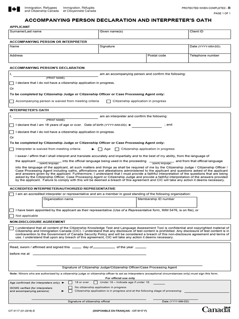 CIT0117E - Accompanying Person Declaration and Interpreter's Oath | PDF ...