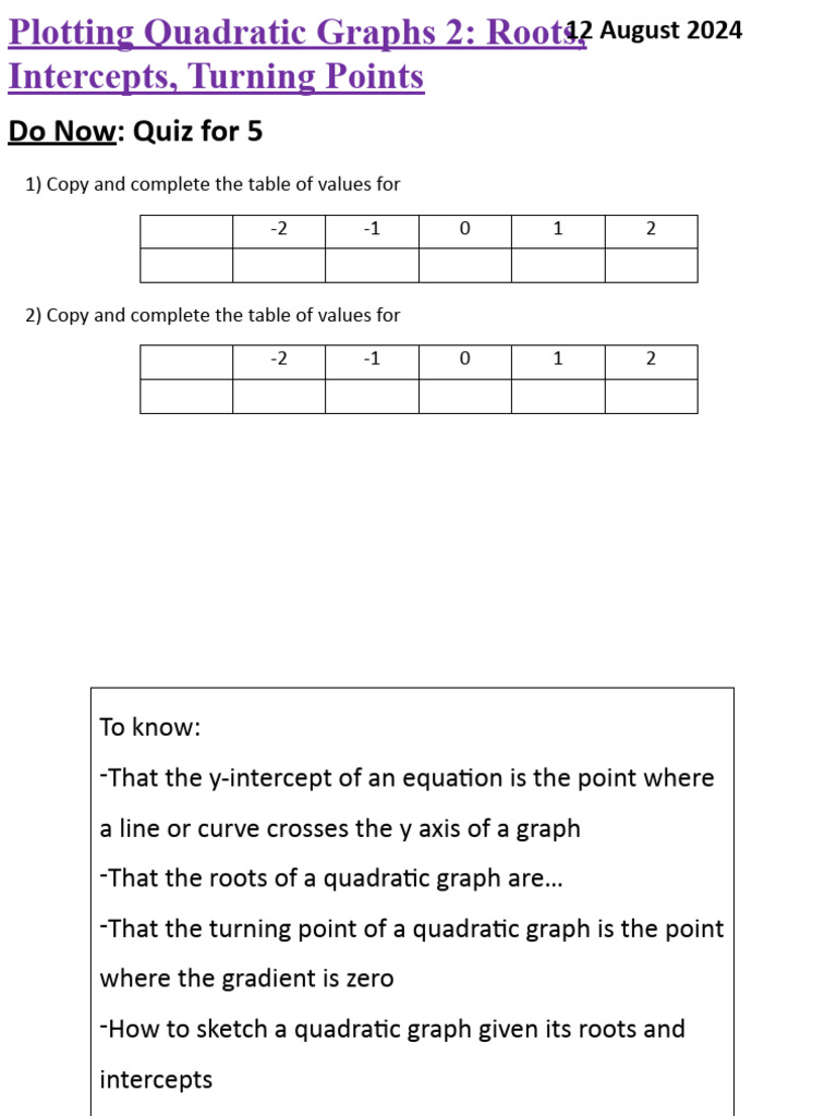 6.1D Plotting Quadratic Graphs 2 Roots Intercepts and Turning Points ...