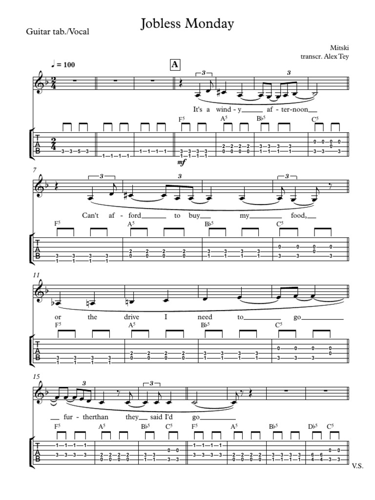 Jobless Monday (Guitar Tab. - Vocal), Arr. Alex Tey | PDF