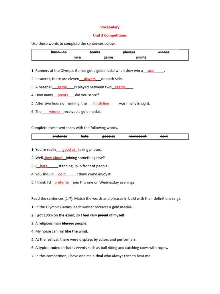 Homework - Vocabulary Unit 2 | PDF