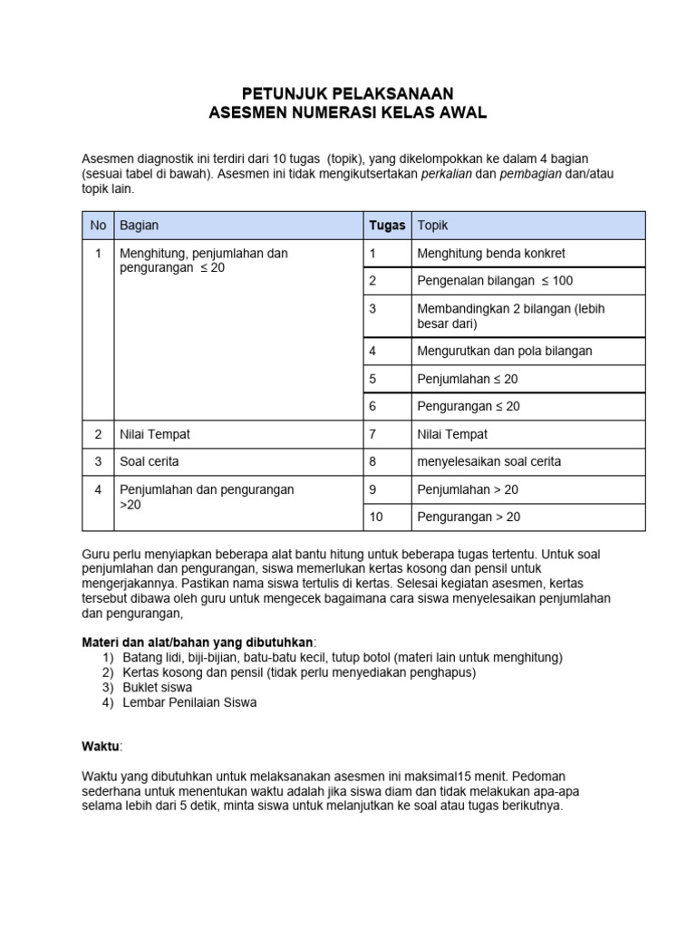 Panduan Asesmen Numerasi Awal | PDF