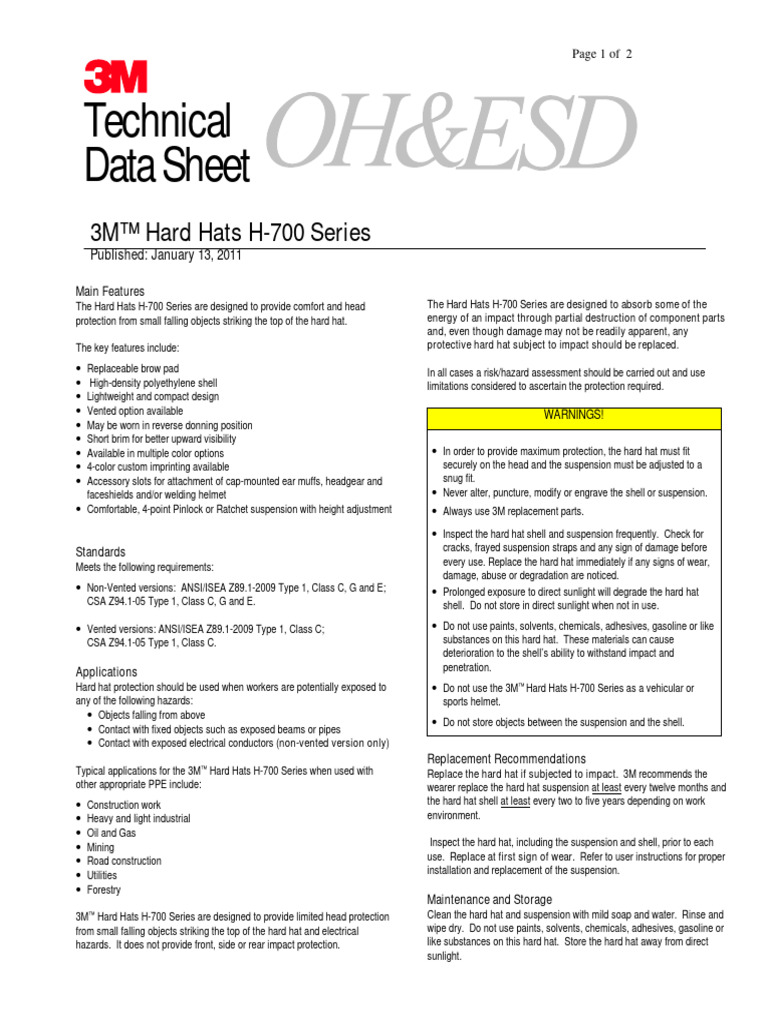 3M™ H-701P Hard Hat White 4-Point Pin lock Suspension datasheet | PDF